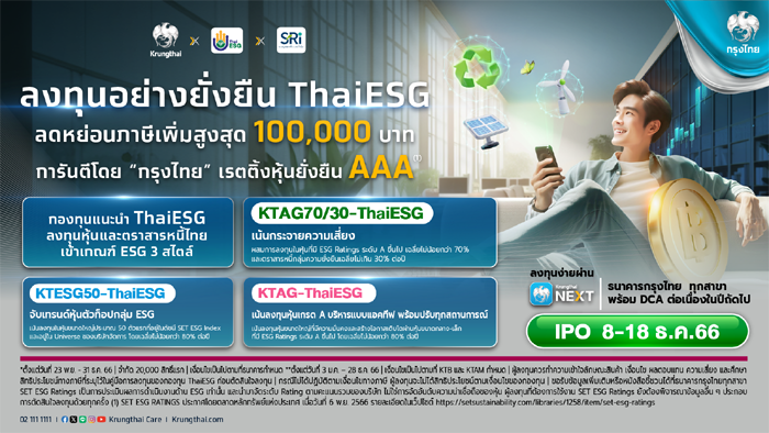 กรุงไทยแนะกองทุน Thai ESG รับสิทธิลดหย่อนภาษีเพิ่มปี 66 มีให้เลือก 3 นโยบาย IPO 8-18 ธ.ค.นี้ ...